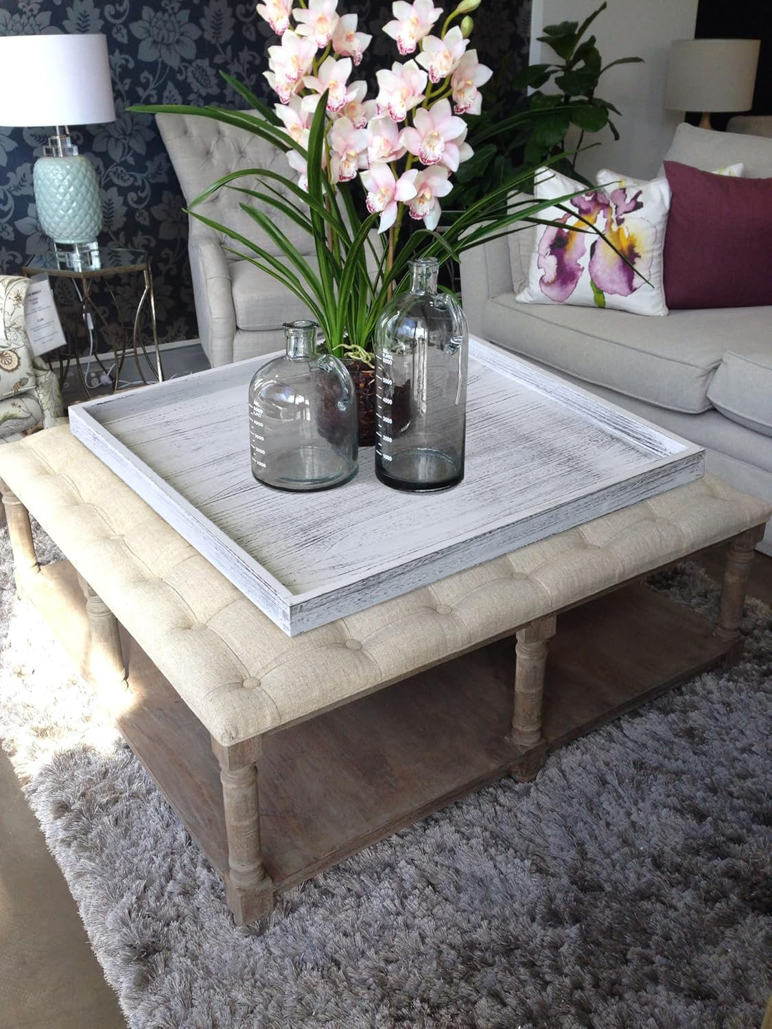 RAPTIZ Extra Large Square Ottoman Table Tray 24" - Rustic Wooden Serving Tray For Farmhouse ...